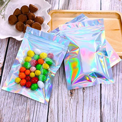 100 Pieces Bags Holographic Packaging Bags Storage Bag for Food Storage (Holographic Color, 7 x 9 Inches)