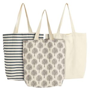 juvale 3 pack small reusable tote bags for women, canvas cloth bags for shopping, 3 designs (15 x 16.5 in)