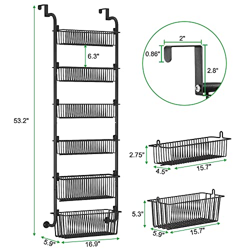 NETEL 6-Tier Over the Door Pantry Organizer, Heavy Metal Line Basket and Frame, 2 Large Baskets and 4 Small Baskets, Suspension Storage Racks, Suitable for Kitchen, Bathroom, Room, Locker