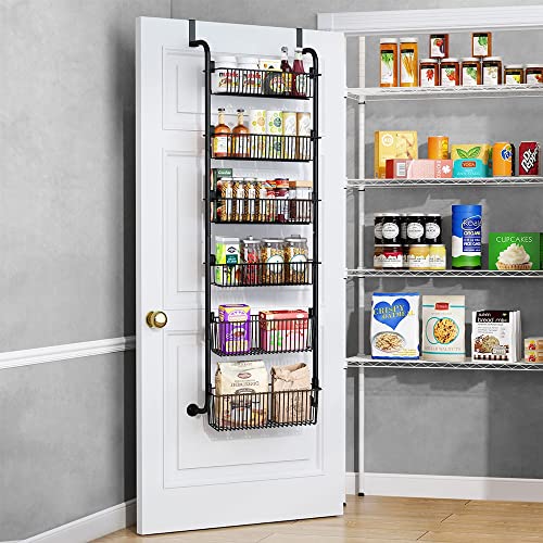 NETEL 6-Tier Over the Door Pantry Organizer, Heavy Metal Line Basket and Frame, 2 Large Baskets and 4 Small Baskets, Suspension Storage Racks, Suitable for Kitchen, Bathroom, Room, Locker