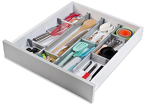 Practical Comfort Drawer Dividers, 9 pcs adjustable drawer dividers set, Made from high strength aluminum, 3 Main expandable drawer divider expand From 17.5" to 19.7" + 6 Sliding Separators 3.8"