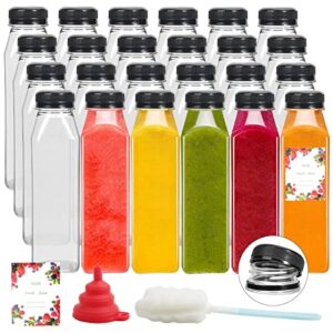 24 pack 12oz plastic juice bottles with caps, oamceg juice containers with lids for fridge, reusable smoothie bottles, empty clear bulk beverage container with black tamper evident lids (square, 12oz)