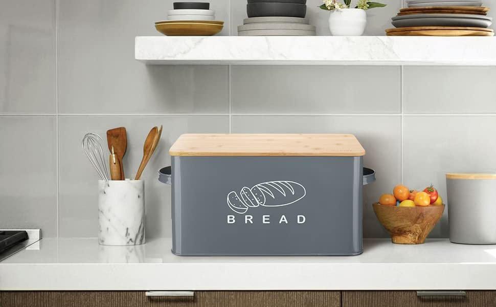 Bread Box, Bread Box for Kitchen Countertop, GA Homefavor Bread Bin, Bread Holder with Bamboo Lid, 11.56"6.7"5.5", Grey