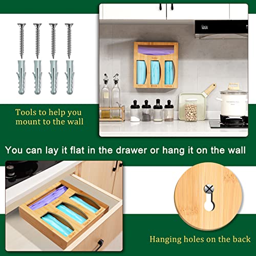 JIAFUEO Ziplock Bag Organizer, Bamboo Ziplock Bag Organizer Dispenser for Kitchen Drawer Retro Durable Closed Sandwich Snack Food Plastic Bag Organizer Holder