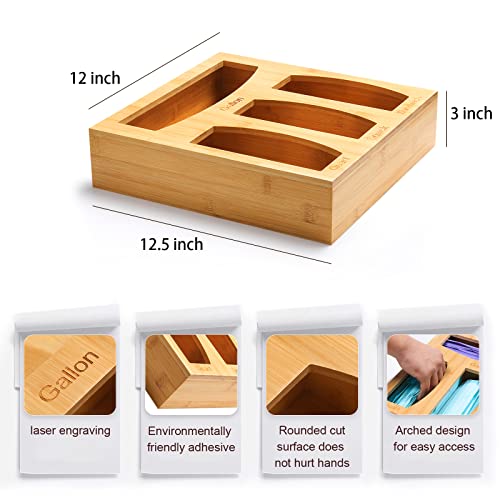 JIAFUEO Ziplock Bag Organizer, Bamboo Ziplock Bag Organizer Dispenser for Kitchen Drawer Retro Durable Closed Sandwich Snack Food Plastic Bag Organizer Holder