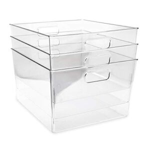 isaac jacobs 3-pack xl clear storage bins with handles, plastic organizer for office, home, kitchen, pantry, closet, kids room, cube shelf, non-slip container set (3-pack, extra-large)