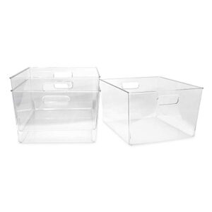 Isaac Jacobs 3-Pack XL Clear Storage Bins with Handles, Plastic Organizer for Office, Home, Kitchen, Pantry, Closet, Kids Room, Cube Shelf, Non-Slip Container Set (3-Pack, Extra-Large)