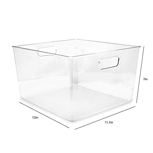 Isaac Jacobs 3-Pack XL Clear Storage Bins with Handles, Plastic Organizer for Office, Home, Kitchen, Pantry, Closet, Kids Room, Cube Shelf, Non-Slip Container Set (3-Pack, Extra-Large)