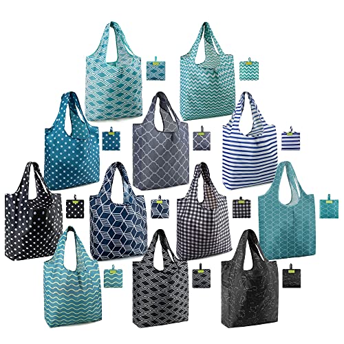 BeeGreen Polka Dot Constellation Zigzag Stripe Reusable Grocery Bags Foldable Bulk 12 Pack, Geometry Reusable Shopping Bags Extra Large 50LBS Heavy Duty, Machine Washable Reusable Bags for Groceries