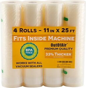 11″ x 25′ rolls (fits inside machine) – 4 pack (100 feet total) outofair vacuum sealer rolls. works with foodsaver vacuum sealers. 33% thicker, bpa free, sous vide, commercial grade