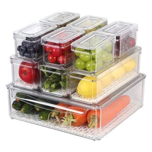 mortime 10 pack refrigerator organizer bins with lids, 3 sizes stackable food storage containers clear plastic organizers for food fruit drinks snacks in kitchen fridge freezers