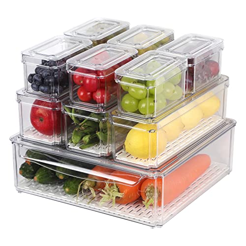 MorTime 10 Pack Refrigerator Organizer Bins with Lids, 3 Sizes Stackable Food Storage Containers Clear Plastic Organizers for Food Fruit Drinks Snacks in Kitchen Fridge Freezers