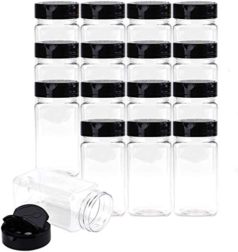 Bekith 16 Pack 9 Oz Plastic Spice Jars Bottles Containers with Black Cap – Perfect for Storing Spice, Herbs and Powders