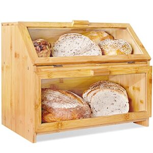 laura’s green kitchen bamboo bread box for kitchen counter – double layer bread storage with clear windows – rustic farmhouse style bread bin (self-assembly)