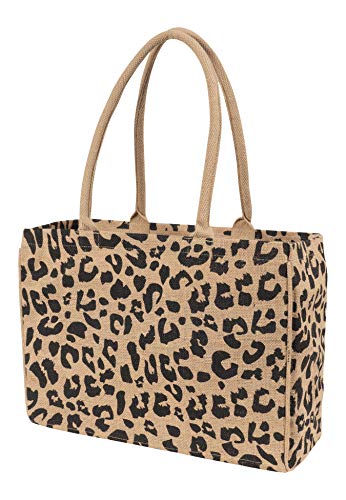 KAF Home Jute Market Tote Bag with Leopard Print, Durable Handle, Reinforced Bottom and Interior Zipper Pocket, Generous capacity, 12.5" tall x 17" wide x 7" deep