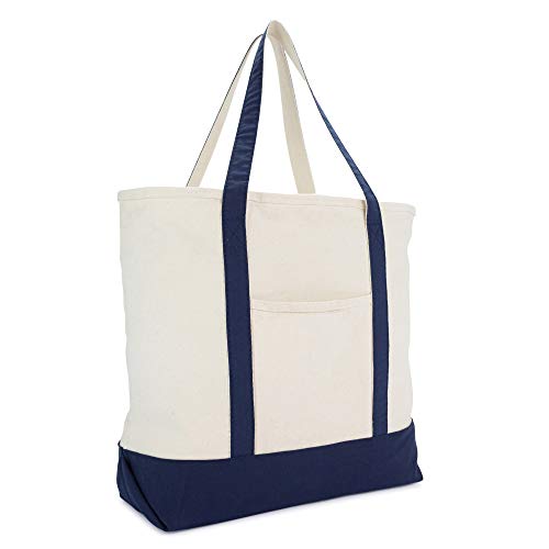 DALIX 22" Large Cotton Canvas Zippered Shopping Tote Grocery Bag in Navy Blue