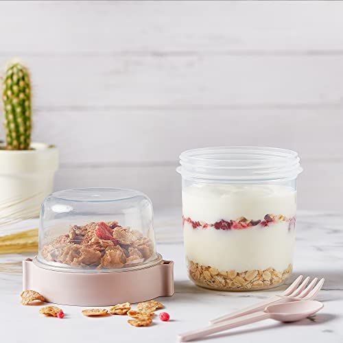 Crystalia Yogurt Parfait Cups with Lids, Large Breakfast On the Go Plastic Bowls with Topping Cereal Oatmeal Salad or Fruit Container with Spoon for Snack Box, Reusable Set of 4 (Large 22 oz)