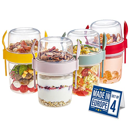 Crystalia Yogurt Parfait Cups with Lids, Large Breakfast On the Go Plastic Bowls with Topping Cereal Oatmeal Salad or Fruit Container with Spoon for Snack Box, Reusable Set of 4 (Large 22 oz)