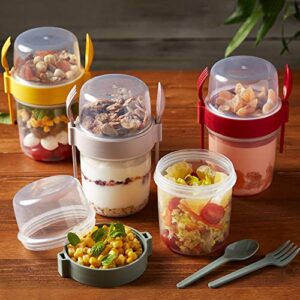 Crystalia Yogurt Parfait Cups with Lids, Large Breakfast On the Go Plastic Bowls with Topping Cereal Oatmeal Salad or Fruit Container with Spoon for Snack Box, Reusable Set of 4 (Large 22 oz)