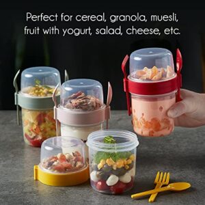 Crystalia Yogurt Parfait Cups with Lids, Large Breakfast On the Go Plastic Bowls with Topping Cereal Oatmeal Salad or Fruit Container with Spoon for Snack Box, Reusable Set of 4 (Large 22 oz)