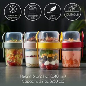 Crystalia Yogurt Parfait Cups with Lids, Large Breakfast On the Go Plastic Bowls with Topping Cereal Oatmeal Salad or Fruit Container with Spoon for Snack Box, Reusable Set of 4 (Large 22 oz)