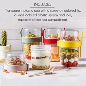 Crystalia Yogurt Parfait Cups with Lids, Large Breakfast On the Go Plastic Bowls with Topping Cereal Oatmeal Salad or Fruit Container with Spoon for Snack Box, Reusable Set of 4 (Large 22 oz)