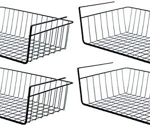 PENGKE Black Under Shelf Basket,4 Pack Slides Under Cabinet Storage Shelf Wire Baskets,Space Saving for Kitchen Counter Pantry Desk Bookshelf Cupboard