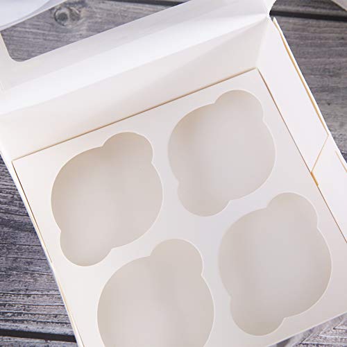 [15pcs]White Paper Cupcake Boxes,Valentines Day Cookie Gift Boxes with Clear Window, Auto-Popup Cupcake Containers Carriers Bakery Cake Box with Insert 4 Cavity (White,15)