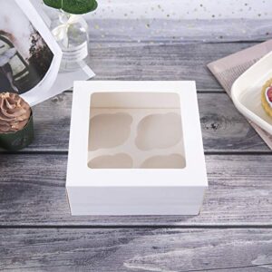 [15pcs]White Paper Cupcake Boxes,Valentines Day Cookie Gift Boxes with Clear Window, Auto-Popup Cupcake Containers Carriers Bakery Cake Box with Insert 4 Cavity (White,15)