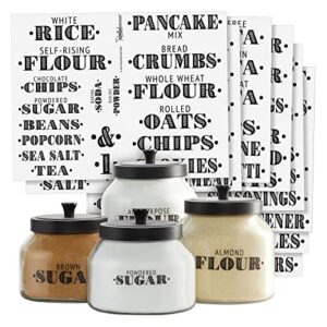 154 farmhouse food storage labels for pantry containers, preprinted black on clear all caps household stickers + expiration dates + numbers for kitchen organization jars (water resistant)