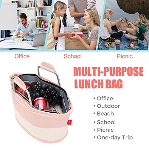 Lunch Bag, Wosweet Leakproof Insulated Lunch Box Cooler Bag for Women, Lunch Container Tote Bag with Zapper & Pocket, Pink