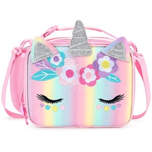 mibasies kids unicorn insulated lunch box for girls rainbow bag with water bottle holder(pink blue rainbow)