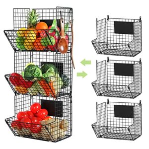 x-cosrack metal wire basket wall mount, 3 tier wall storage basket organizer with hanging hooks chalkboards, rustic kitchen fruit produce bin rack bathroom tower baskets (black)