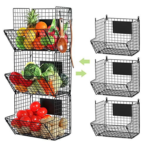 X-cosrack Metal Wire Basket Wall Mount, 3 Tier Wall Storage Basket Organizer with Hanging Hooks Chalkboards, Rustic Kitchen Fruit Produce Bin Rack Bathroom Tower Baskets (Black)