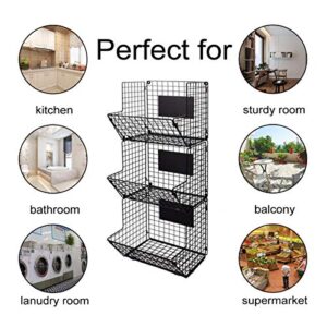 X-cosrack Metal Wire Basket Wall Mount, 3 Tier Wall Storage Basket Organizer with Hanging Hooks Chalkboards, Rustic Kitchen Fruit Produce Bin Rack Bathroom Tower Baskets (Black)