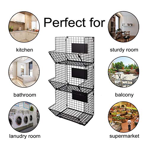 X-cosrack Metal Wire Basket Wall Mount, 3 Tier Wall Storage Basket Organizer with Hanging Hooks Chalkboards, Rustic Kitchen Fruit Produce Bin Rack Bathroom Tower Baskets (Black)