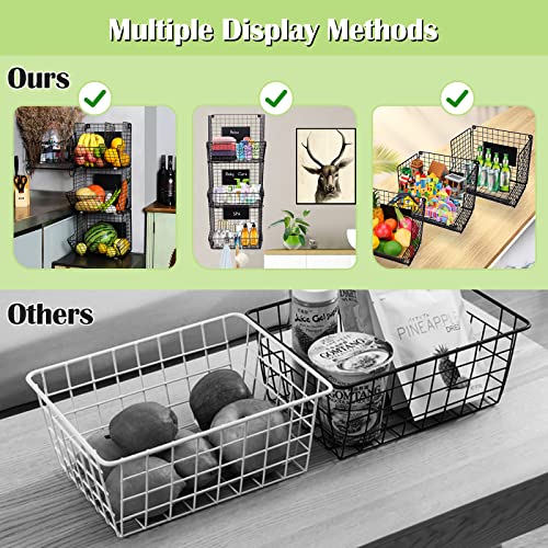 X-cosrack Metal Wire Basket Wall Mount, 3 Tier Wall Storage Basket Organizer with Hanging Hooks Chalkboards, Rustic Kitchen Fruit Produce Bin Rack Bathroom Tower Baskets (Black)