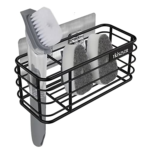 TKISZYZR Sink Sponge Holder and Sink Caddy, Sponge Holder for Sink, Kitchen Brush Holder – No Drilling with Adhesives(Black)