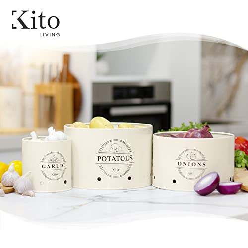 Kito LIVING Canister Sets For Kitchen Counter, 3 Piece Garlic Potato Onion Keeper Kitchen Canisters for Pantry Organization and Storage Bins with Wooden Bamboo Lids, Kitchen Organization (Cream)