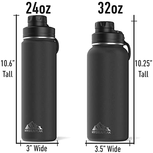 Hydrapeak 32 oz Insulated Water Bottle with Chug Lid - Reusable Leak Proof Stainless Steel Water Bottles, Double Wall Vacuum Insulation | 24 Hours Cold and 12 Hours Hot (Black)