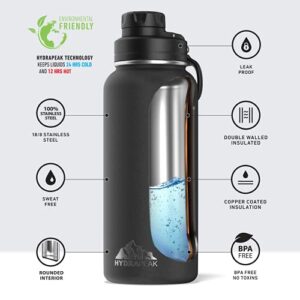 Hydrapeak 32 oz Insulated Water Bottle with Chug Lid - Reusable Leak Proof Stainless Steel Water Bottles, Double Wall Vacuum Insulation | 24 Hours Cold and 12 Hours Hot (Black)