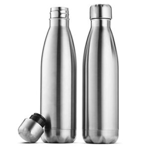 triple-insulated stainless steel water bottle (set of 2) 17 ounce, sleek insulated water bottles, keeps hot and cold, 100% leakproof lids, sweatproof water bottles, great for travel, picnic& camping.