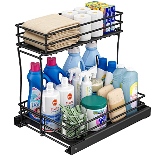 Pull Out Cabinet Organizer, 2-Tier Under Sink Slide Out Kitchen Cabinet Storage Shelves with Sliding Storage Basket Drawers, for Bathroom, Kitchen, Office,Least 13 Inch Cabinet Opening （Black ）