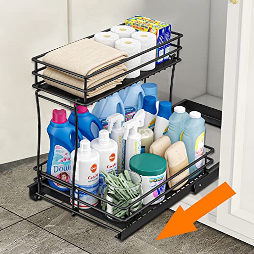 Pull Out Cabinet Organizer, 2-Tier Under Sink Slide Out Kitchen Cabinet Storage Shelves with Sliding Storage Basket Drawers, for Bathroom, Kitchen, Office,Least 13 Inch Cabinet Opening （Black ）