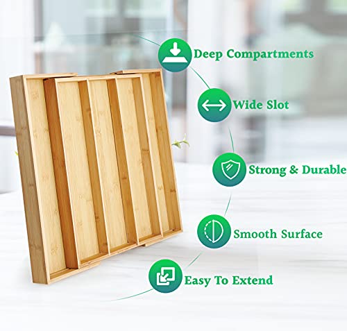 OMISSA Bamboo Expandable Drawer Organizer for Utensils Holder, Adjustable Cutlery Tray, Wood Drawer Dividers Organizer for Silverware, Flatware, Knives in Kitchen, Bedroom, Living Room