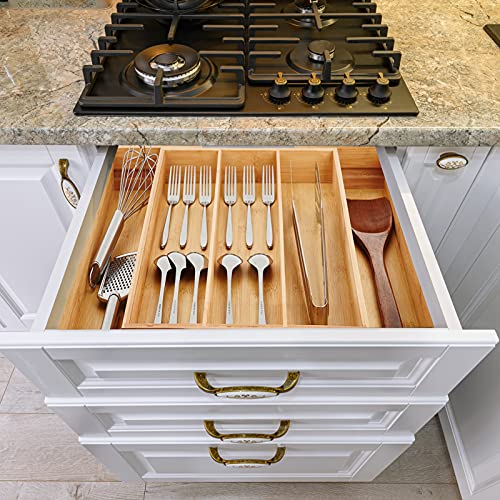 OMISSA Bamboo Expandable Drawer Organizer for Utensils Holder, Adjustable Cutlery Tray, Wood Drawer Dividers Organizer for Silverware, Flatware, Knives in Kitchen, Bedroom, Living Room