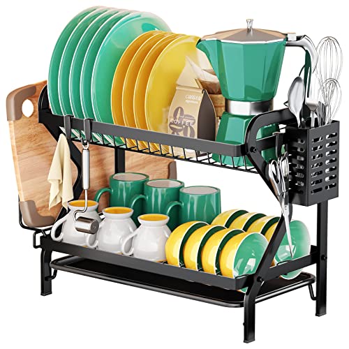 GAOKASE Dish Drying Rack with Drainboard, 2-Tier Black Dish Racks for Kitchen Counter,Dish Drainers with Removable Utensil Holder