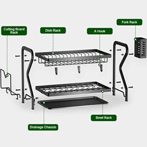 GAOKASE Dish Drying Rack with Drainboard, 2-Tier Black Dish Racks for Kitchen Counter,Dish Drainers with Removable Utensil Holder