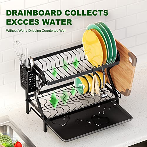 GAOKASE Dish Drying Rack with Drainboard, 2-Tier Black Dish Racks for Kitchen Counter,Dish Drainers with Removable Utensil Holder