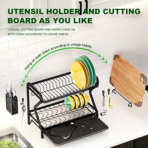 GAOKASE Dish Drying Rack with Drainboard, 2-Tier Black Dish Racks for Kitchen Counter,Dish Drainers with Removable Utensil Holder